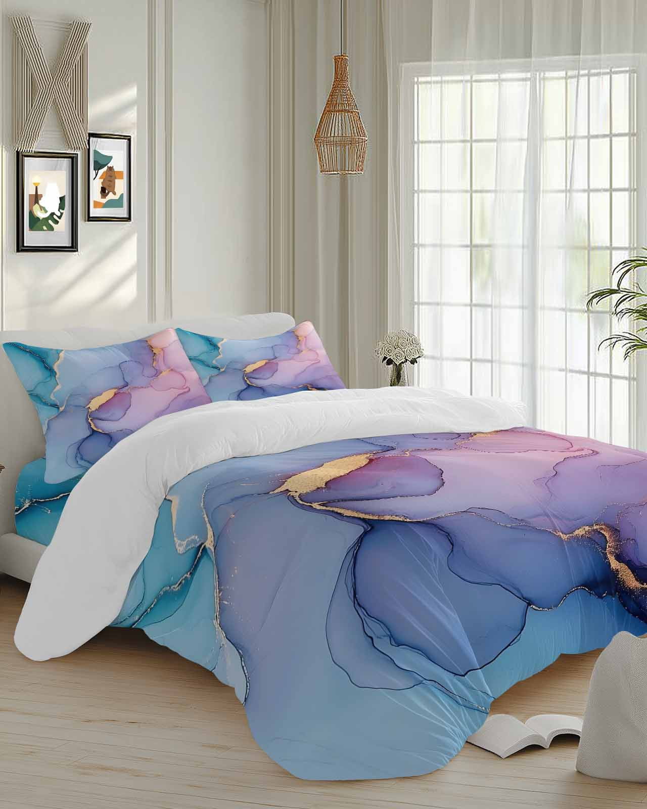 4 Piece Duvet Cover Set Queen, Blue Purple Gradient Marble Texture Soft ...