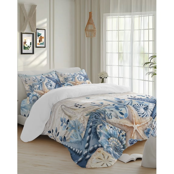 4 Piece Duvet Cover Set Queen, Blue Sea Stars Eucalyptus Leaves Soft ...