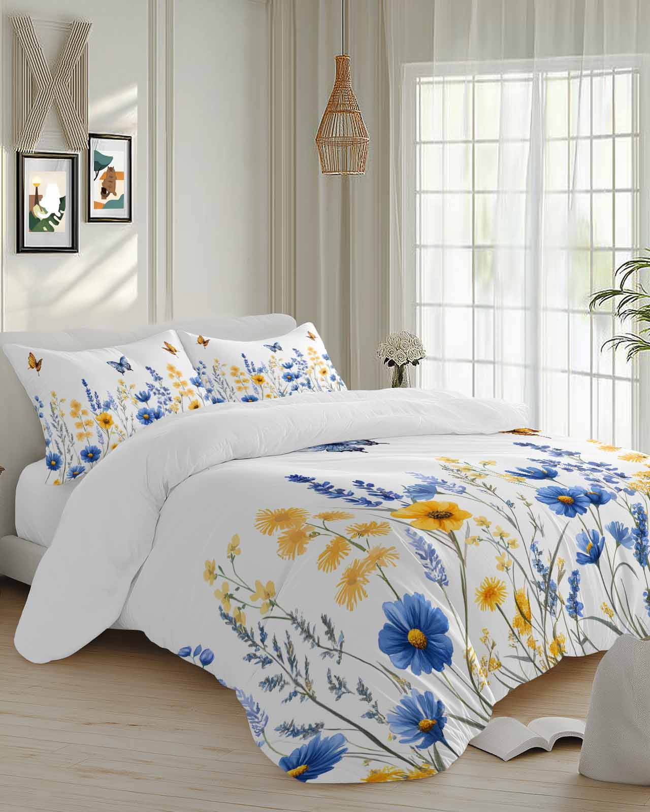 4 Piece Duvet Cover Set Queen, Blue Yellow Flower Lavender Butterfly ...