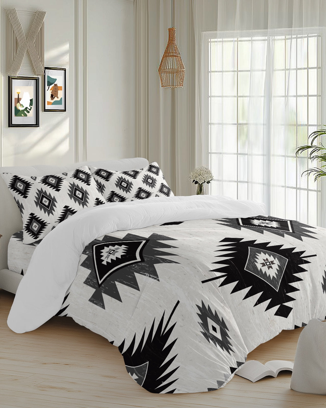 4 Piece Duvet Cover Set Queen, Bohemian Aztec Geometric Black Gray Soft ...