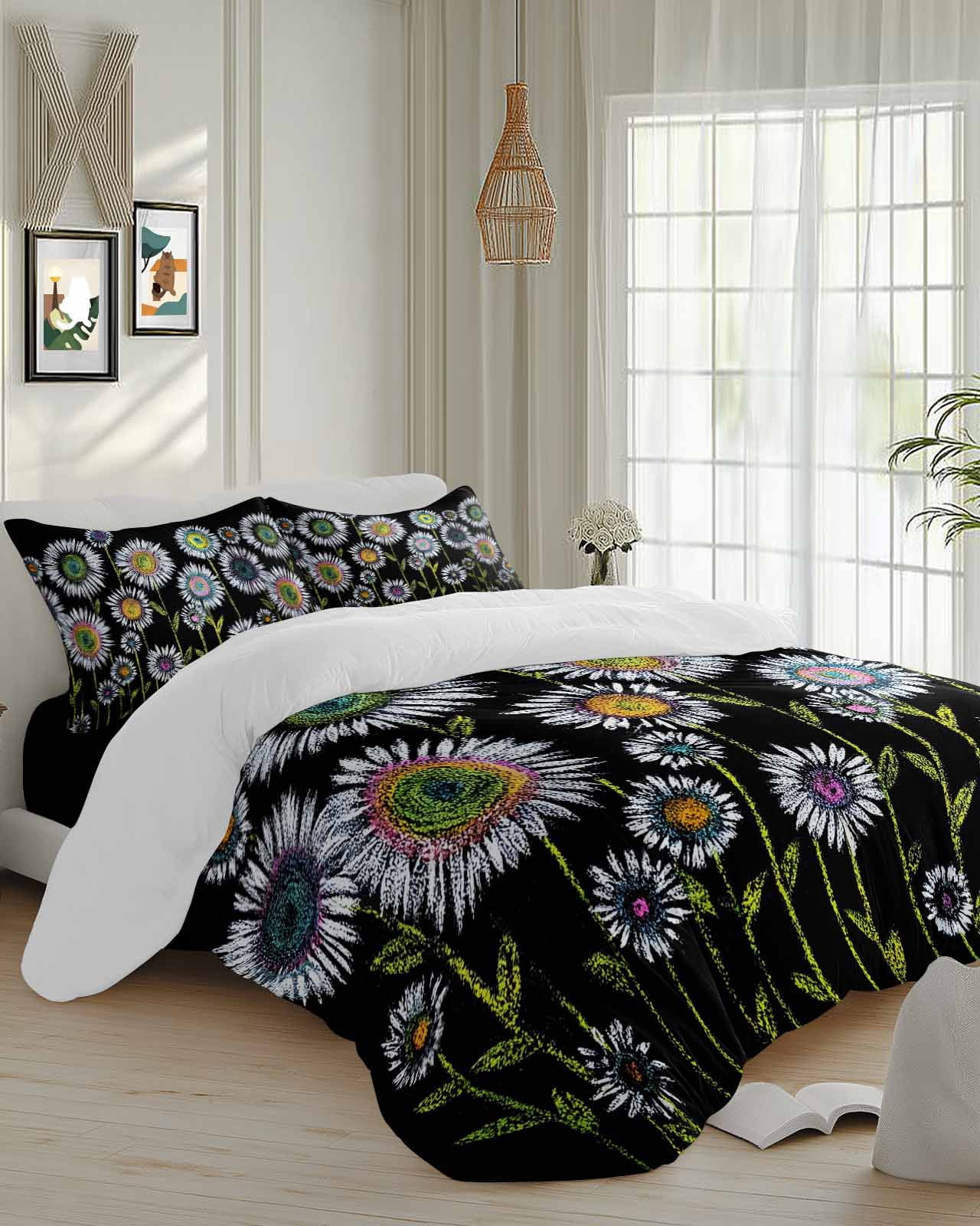 4 Piece Duvet Cover Set Queen, Bohemian Retro Mystery White Flowers ...