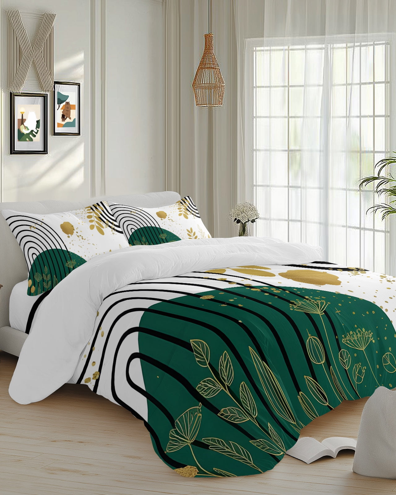 4 Piece Duvet Cover Set Queen, Boho Arch Black Stripes Abstract Leaf ...