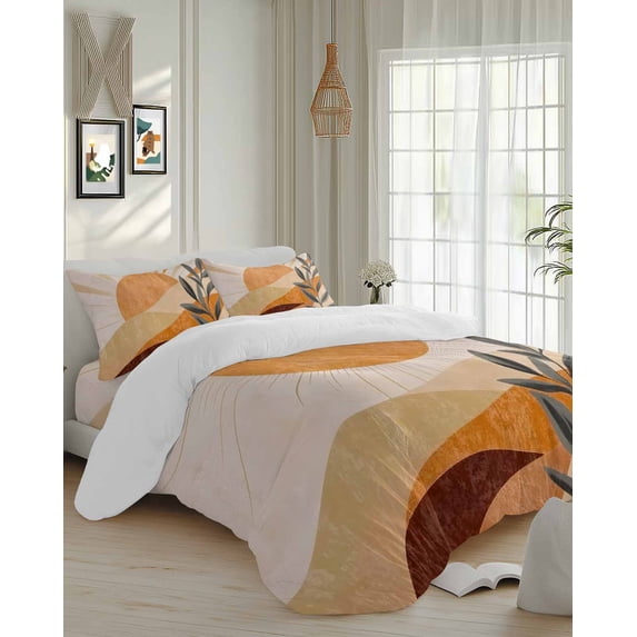 4 Piece Duvet Cover Set Queen, Boho Sun Mountains Abstract Leaves Soft ...
