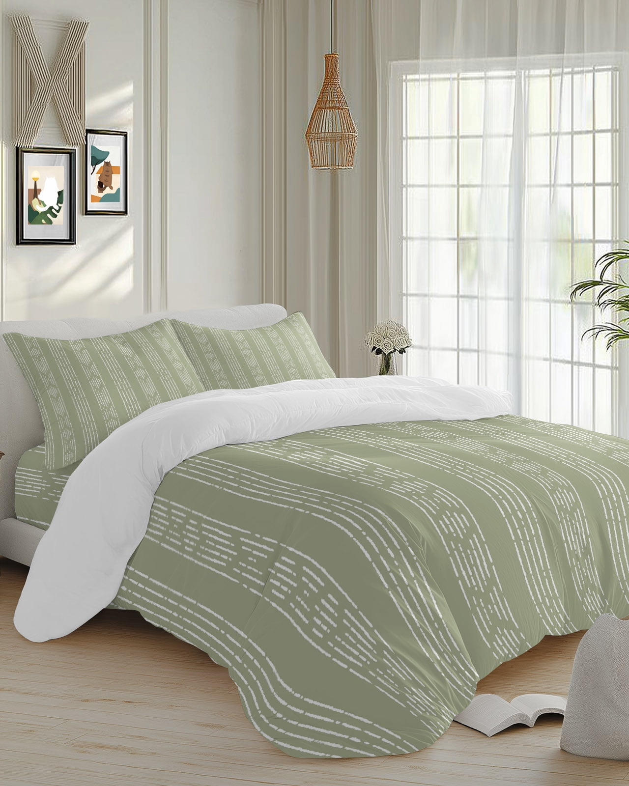4 Piece Duvet Cover Set Queen, Boho White Stripe on Sage Green Soft ...