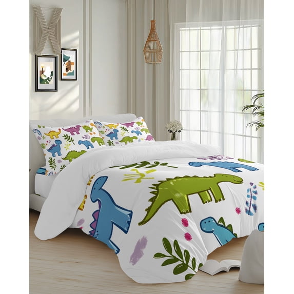 4 Piece Duvet Cover Set Queen, Cartoon Green Blue Purple Dinosaur Soft ...