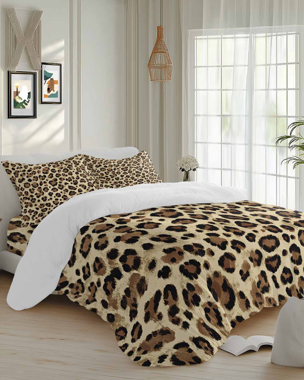 4 Piece Duvet Cover Set Queen, Classic Leopard Print Soft Breathable ...