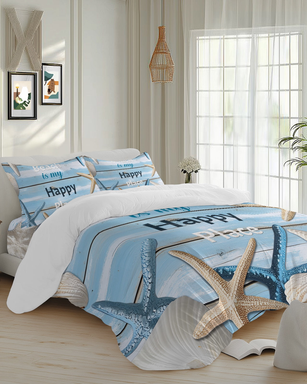 4 Piece Duvet Cover Set Queen, Coastal Ocean Starfish Shell on Blue ...