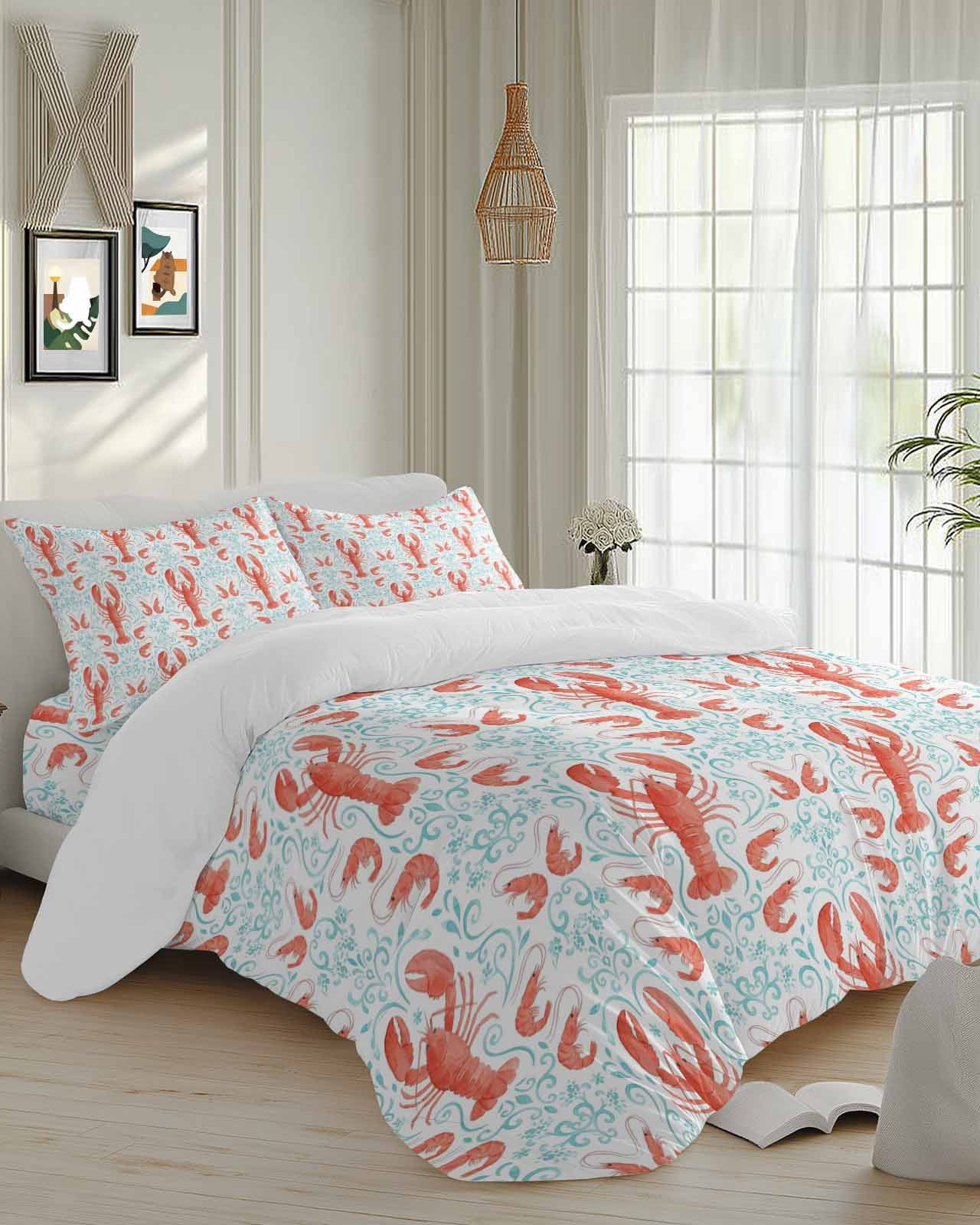 4 Piece Duvet Cover Set Queen, Coastal Red Lobsters Soft Breathable ...