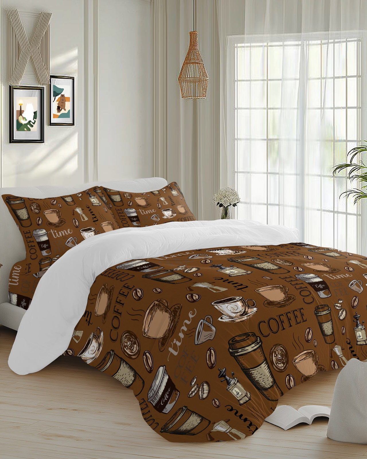 4 Piece Duvet Cover Set Queen, Coffee Bean Cup Vintage Brown Linen Soft ...