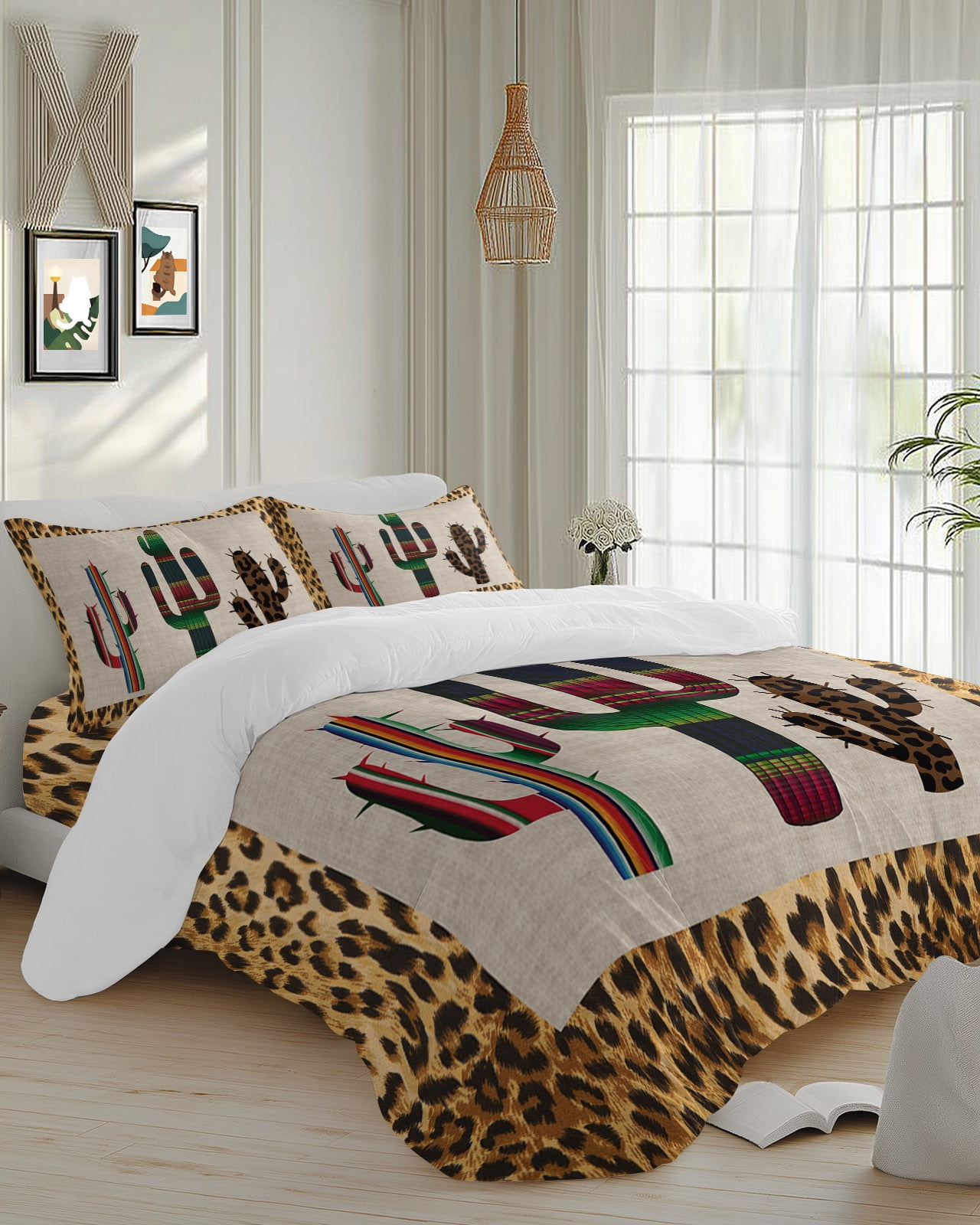 4 Piece Duvet Cover Set Queen, Colorful Art Cactus on Linen Texture ...