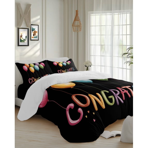 4 Piece Duvet Cover Set Queen, Colorful Balloons on Black Soft ...