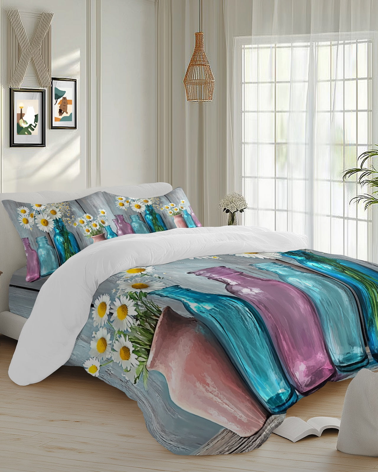 4 Piece Duvet Cover Set Queen, Country Daisy Wild Flower Soft ...