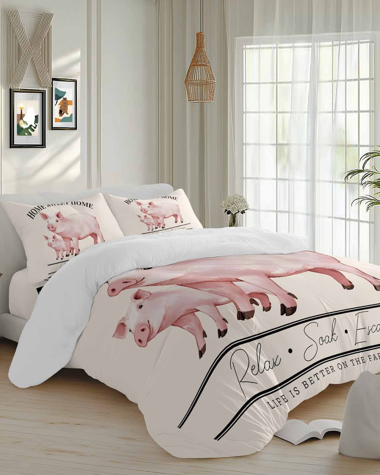 4 Piece Duvet Cover Set Queen, Country Pink Pig Farmhouse Theme Soft ...