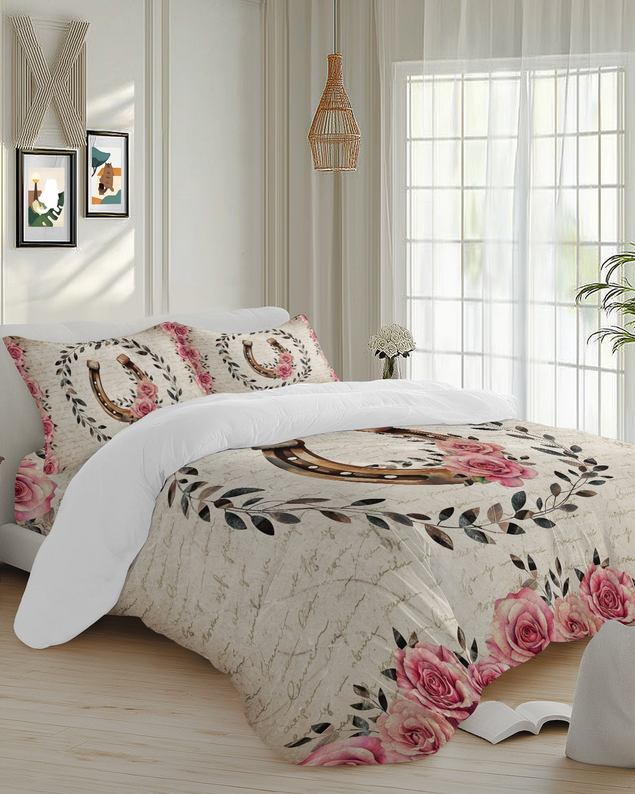 4 Piece Duvet Cover Set Queen, Country Rose Leaf Horseshoes Soft ...