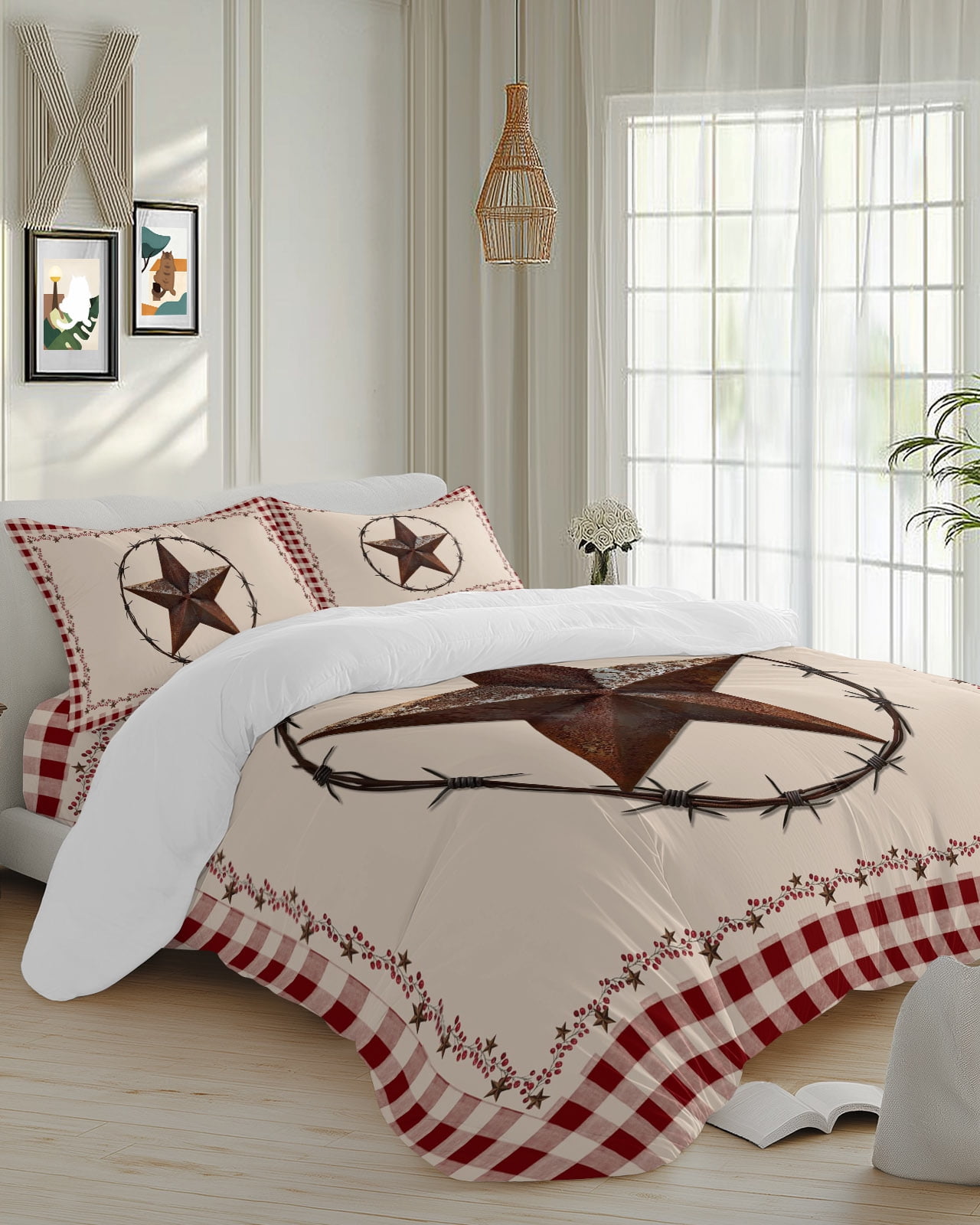 4 Piece Duvet Cover Set Queen, Country Star Red Plaid Soft Breathable ...