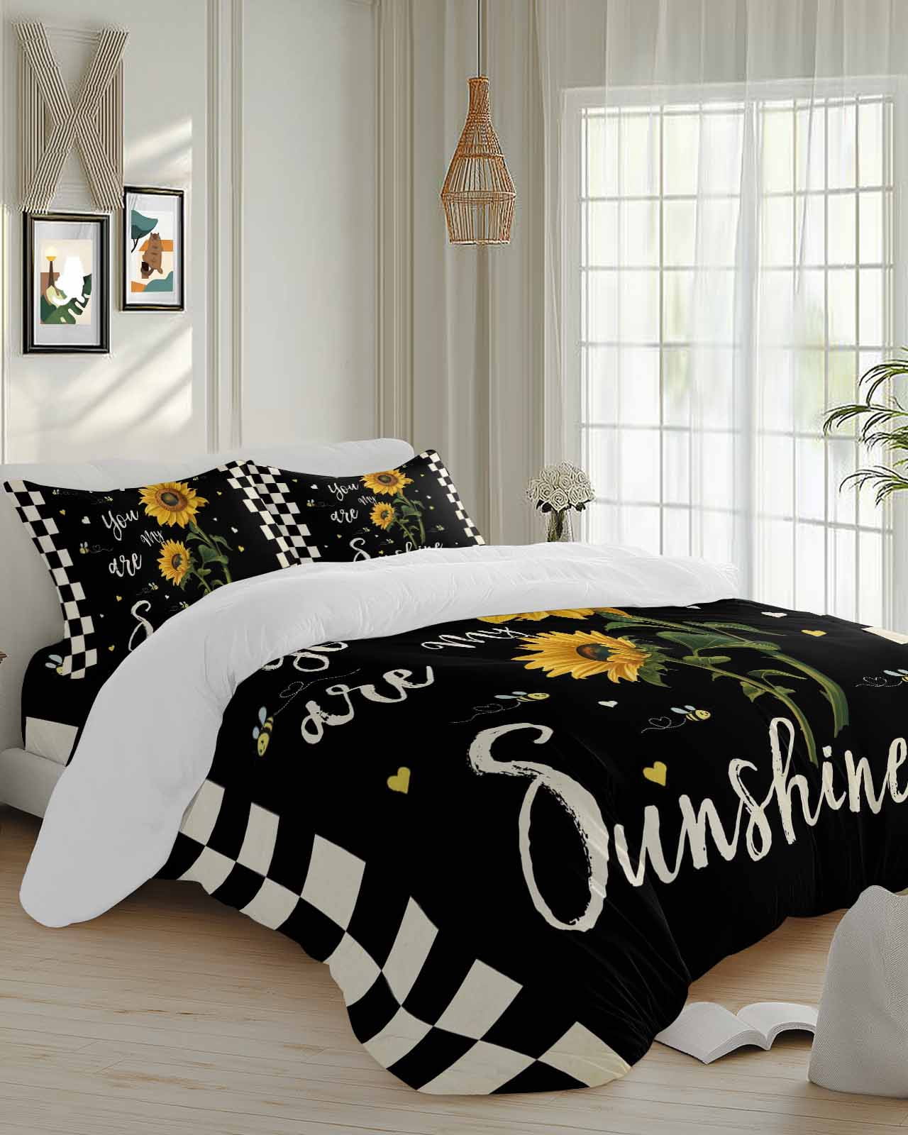 4 Piece Duvet Cover Set Queen, Country Sunflower Sunshine Quote Soft ...