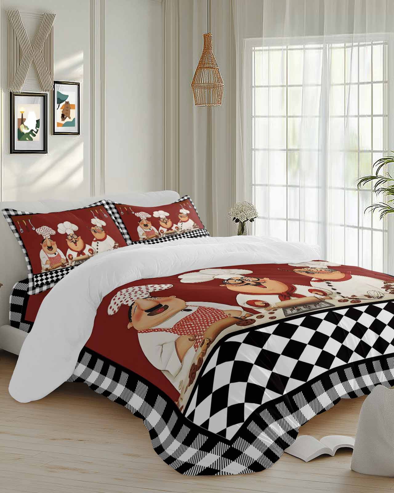 4 Piece Duvet Cover Set Queen, Cute Chef Black White Lattice Soft ...