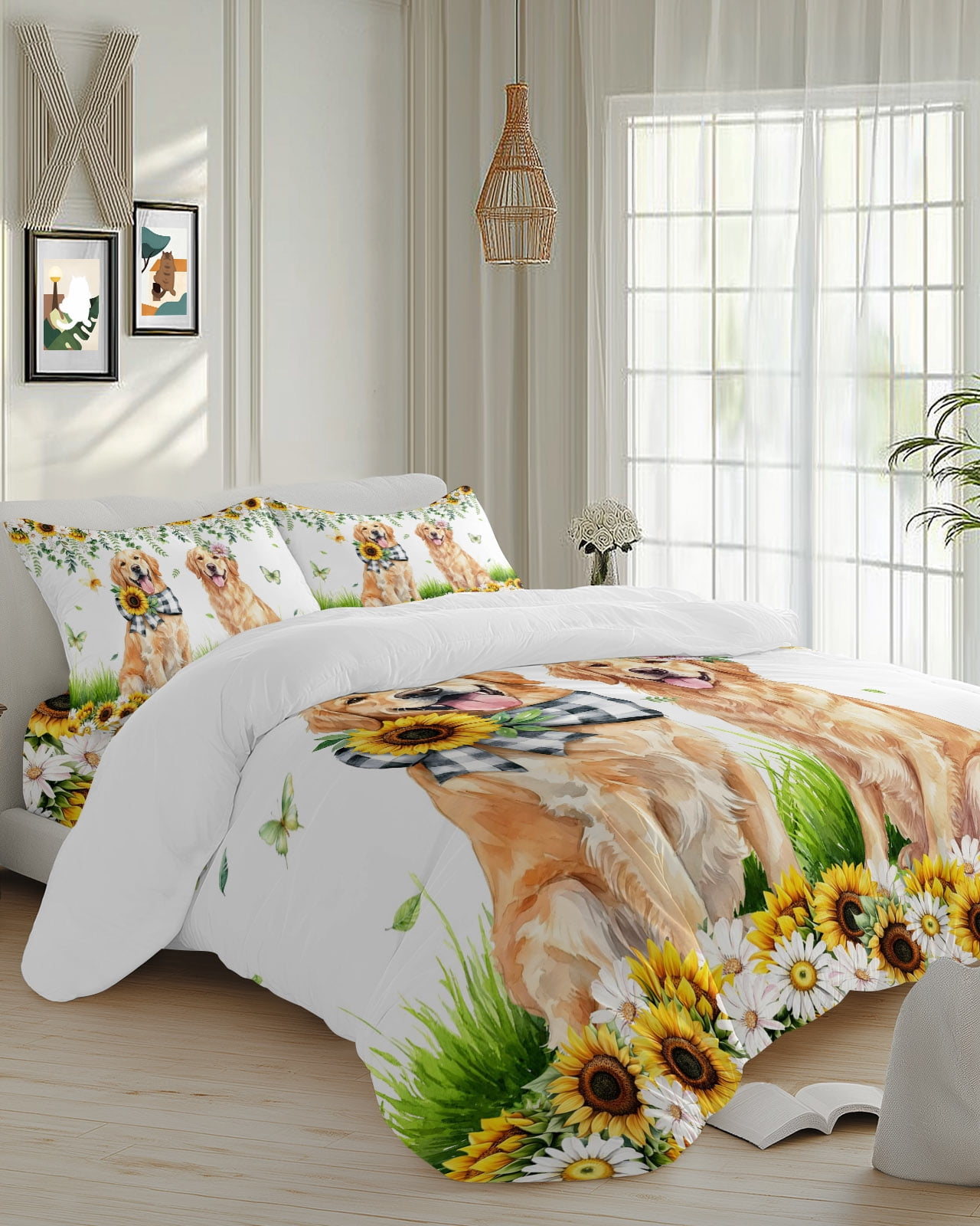 4 Piece Duvet Cover Set Queen, Cute Dog Summer Sunflower Soft ...