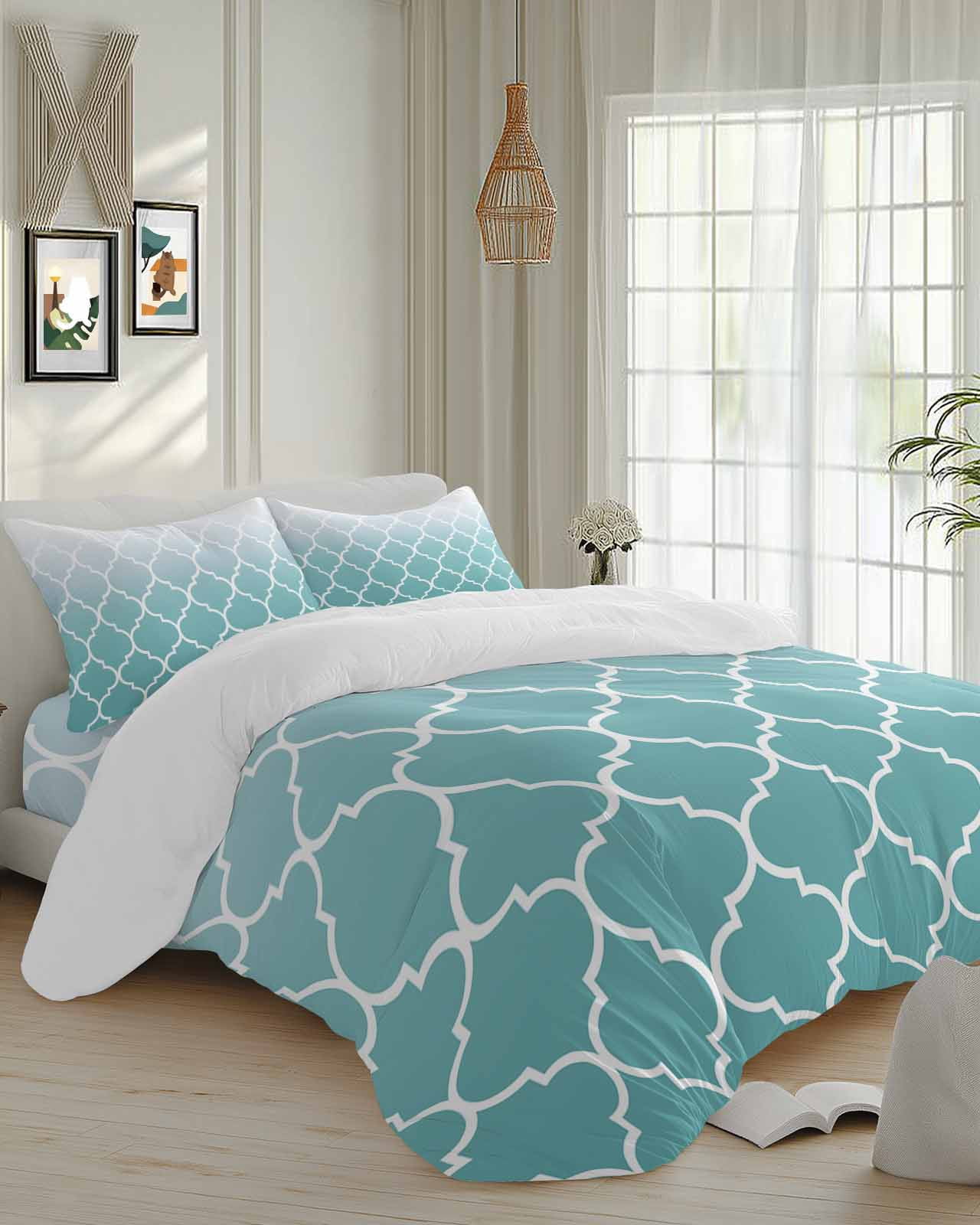4 Piece Duvet Cover Set Queen, Cyan Gradient Morocco Pattern Soft ...