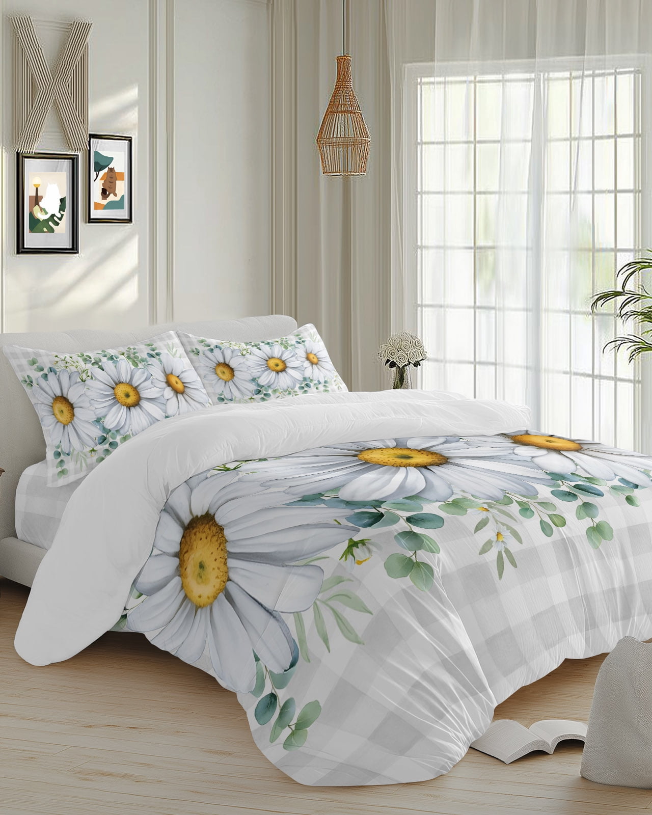 4 Piece Duvet Cover Set Queen, Daisy Flower Eucalyptus Leaf Soft ...