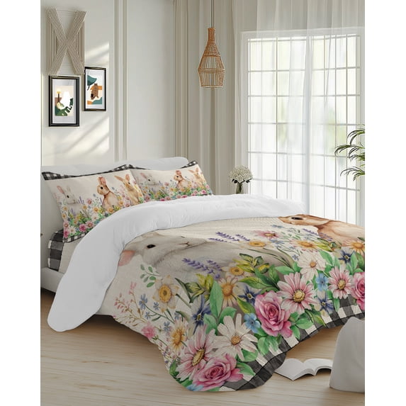 4 Piece Duvet Cover Set Queen, Easter Rabbits Pink Rose Daisy on Linen ...