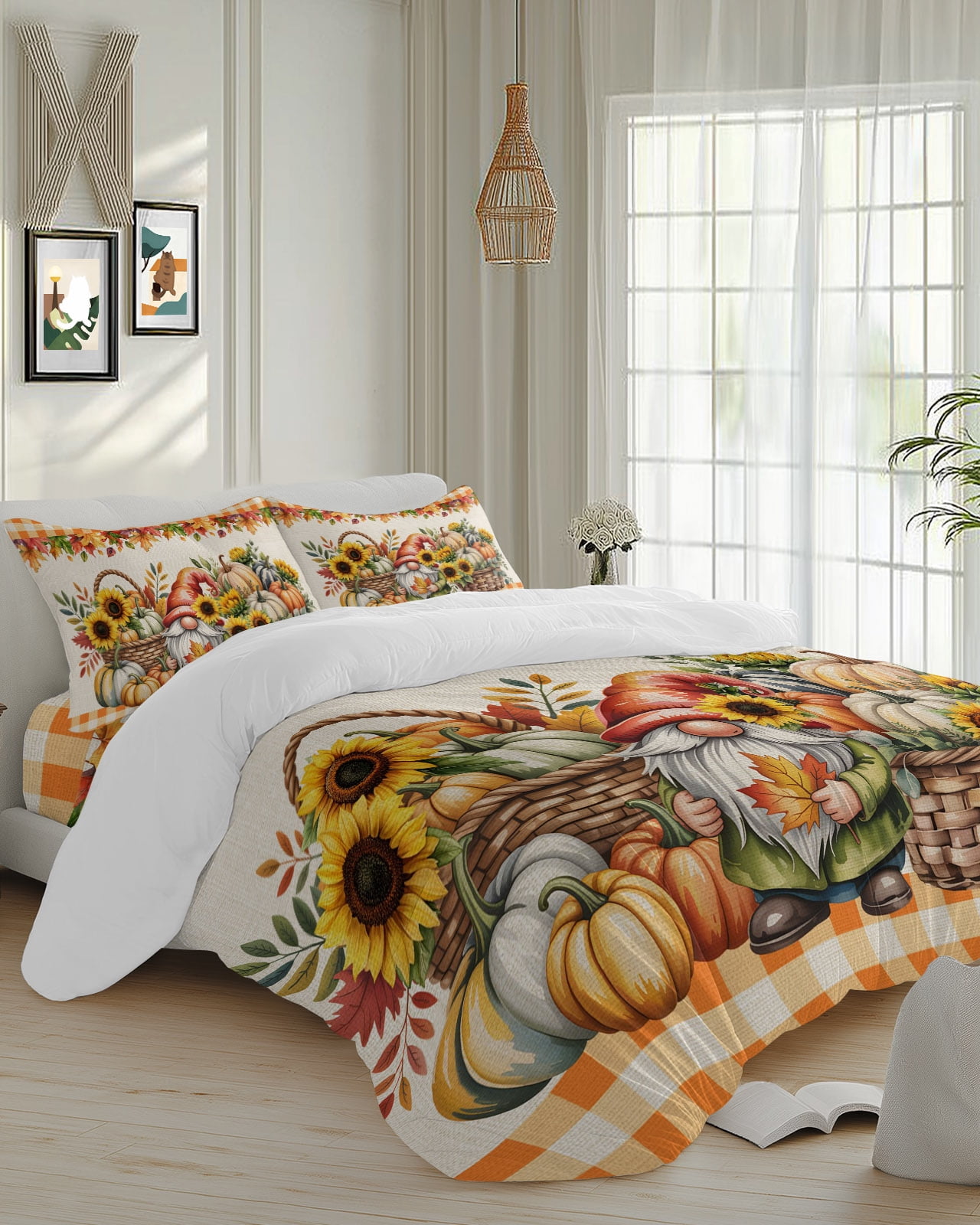 4 Piece Duvet Cover Set Queen, Fall Farm Pumpkin Gnome Sunflower Soft ...