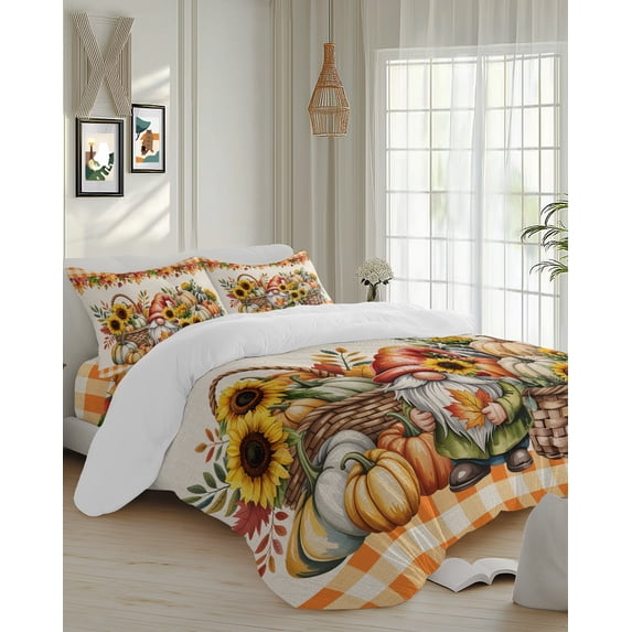 4 Piece Duvet Cover Set Queen, Fall Farm Pumpkin Gnome Sunflower Soft ...