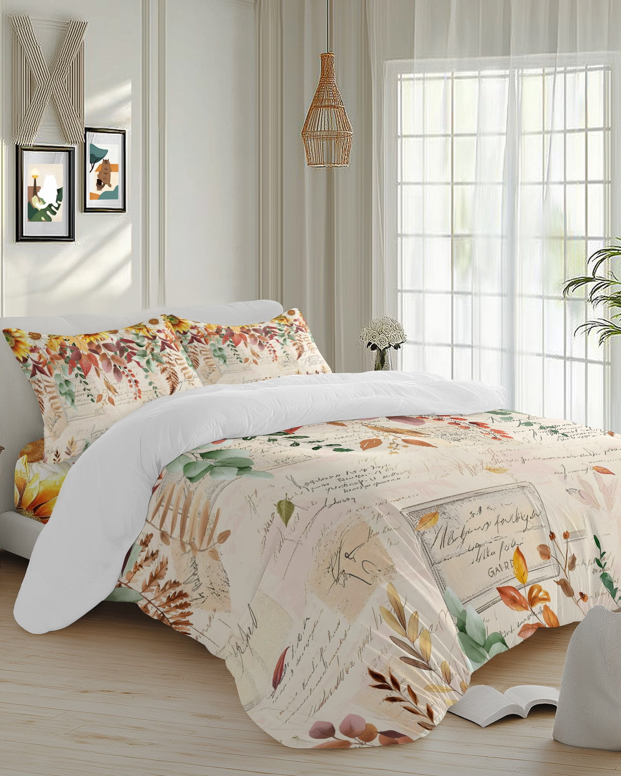 4 Piece Duvet Cover Set Queen, Fall Foliage Rustic Golden Sunflower ...