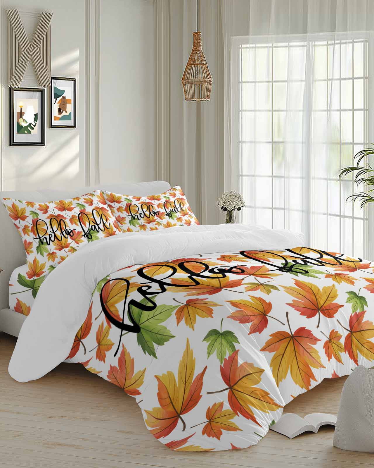 4 Piece Duvet Cover Set Queen, Fall Maple Leaf Orange Gradient Soft ...