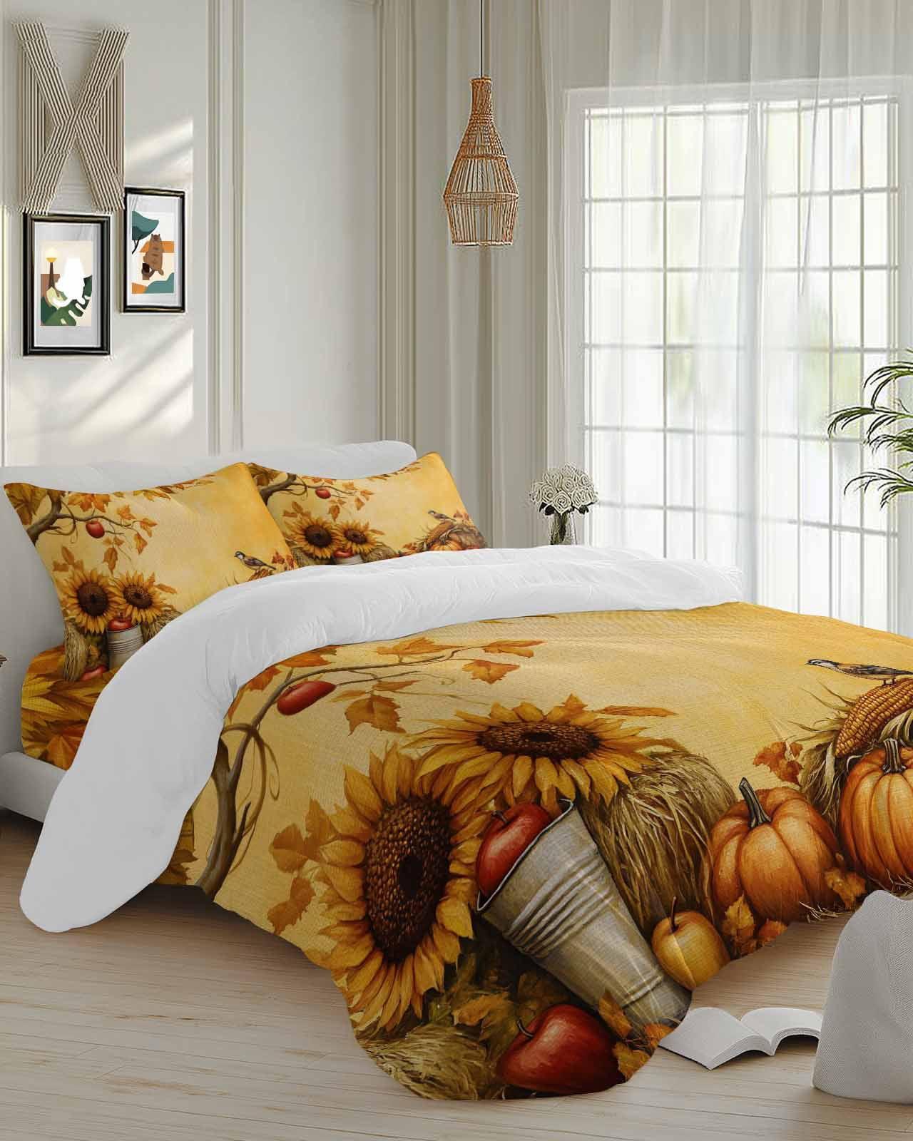4 Piece Duvet Cover Set Queen, Fall Maple Leaves Pumpkin Flower Soft ...