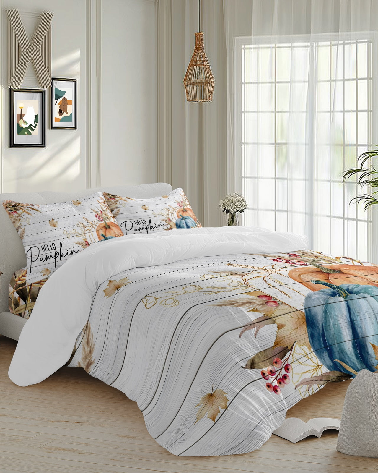 4 Piece Duvet Cover Set Queen, Fall Thanksgiving Maple Leaf Pumpkin ...