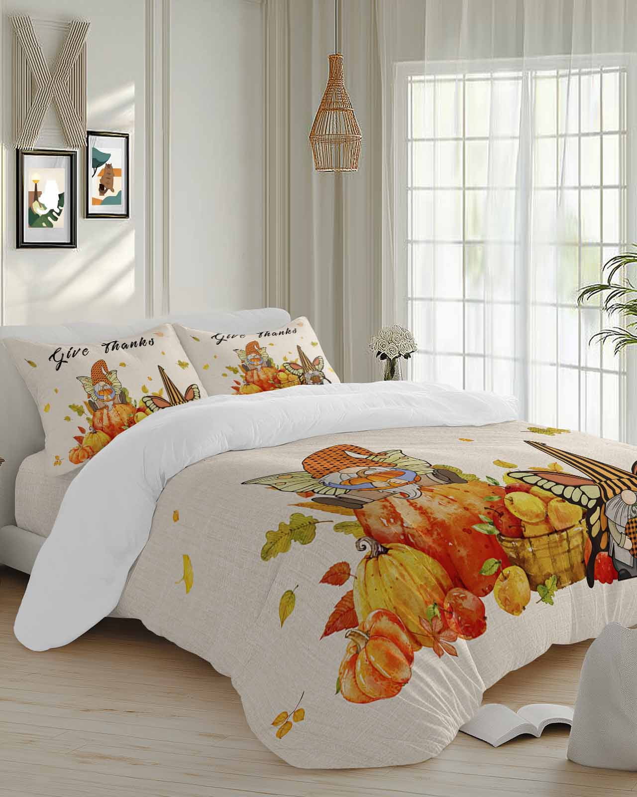 4 Piece Duvet Cover Set Queen, Fall Thanksgiving Pumpkin Gnome ...