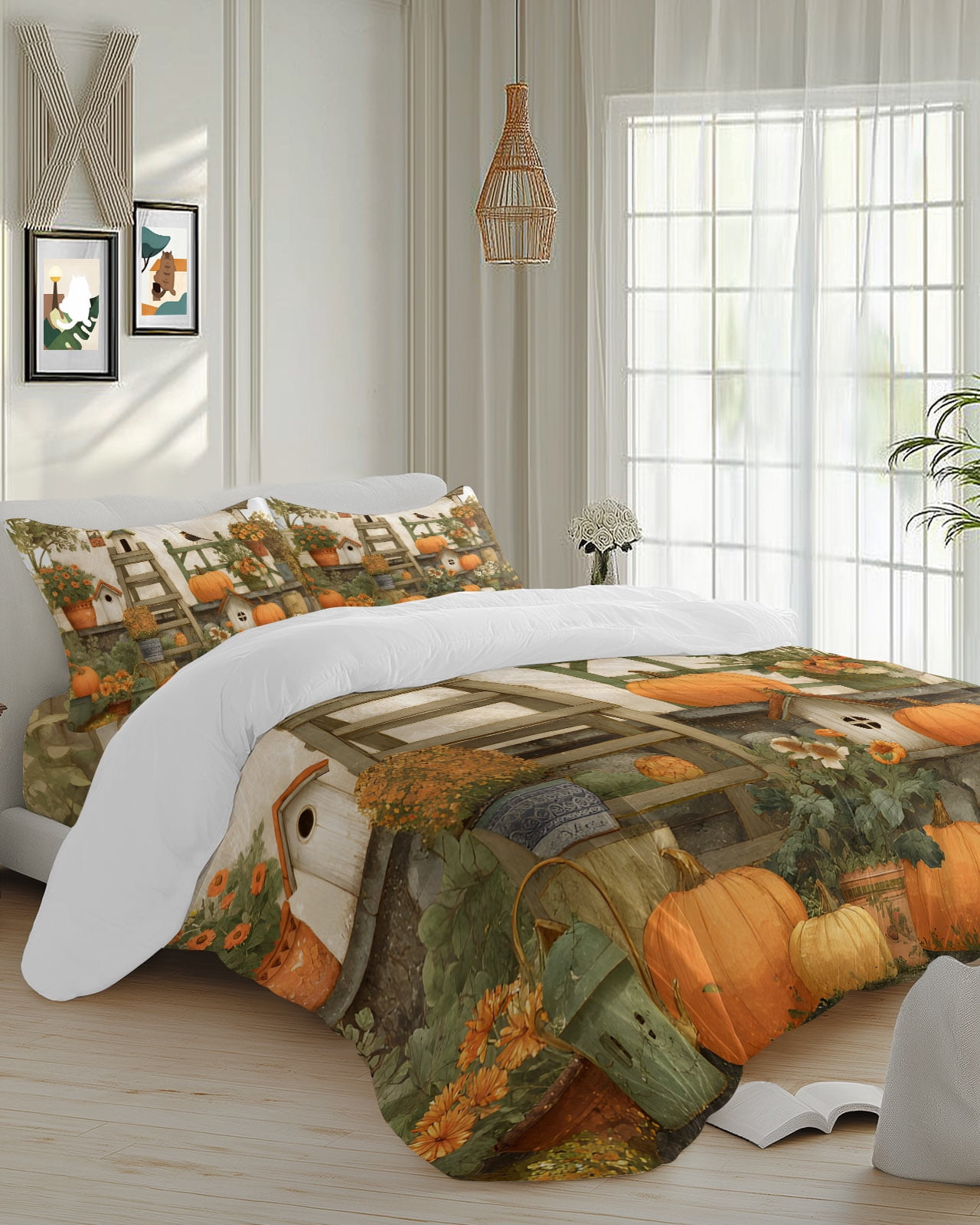 4 Piece Duvet Cover Set Queen, Fall Thanksgiving Pumpkin Leaves Soft ...
