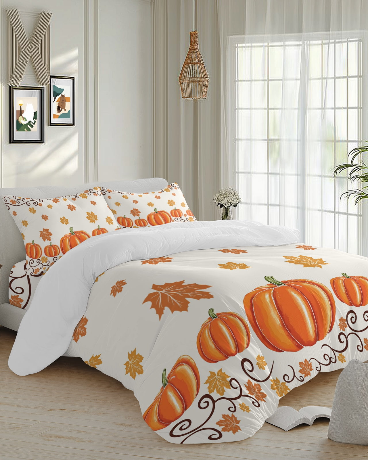 4 Piece Duvet Cover Set Queen, Fall Thanksgiving Pumpkin Maple Leaf ...