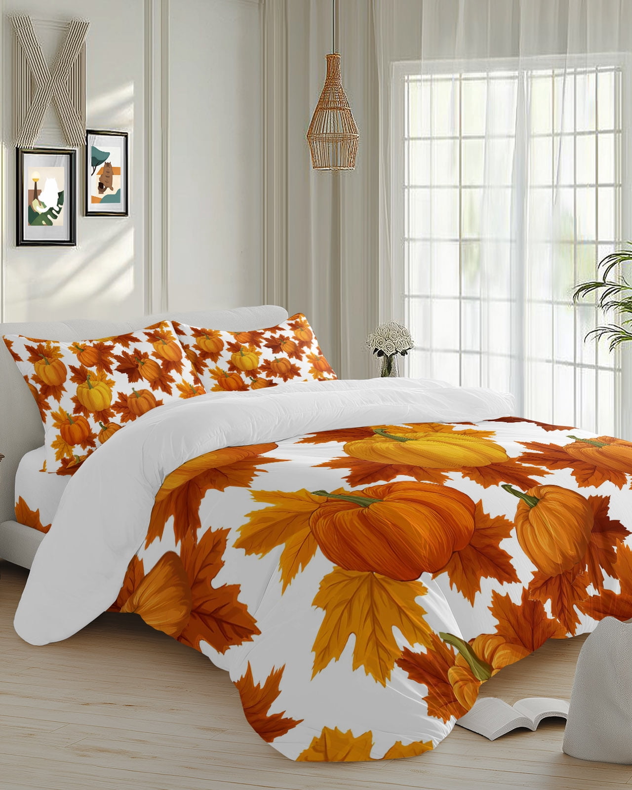 4 Piece Duvet Cover Set Queen, Fall Thanksgiving Pumpkin Maple Leaf ...