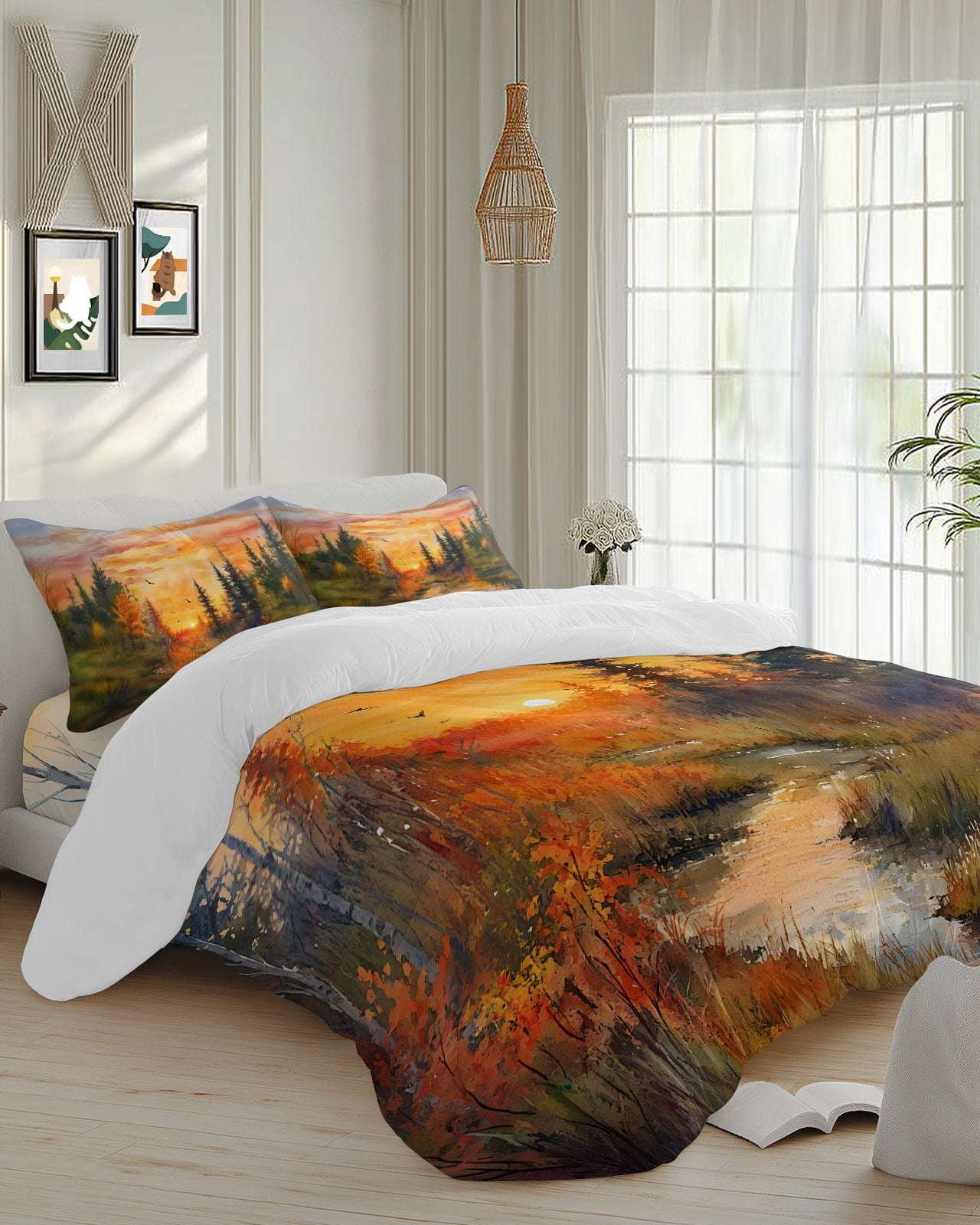 4 Piece Duvet Cover Set Queen, Fall Watercolor Forest Tree Soft ...