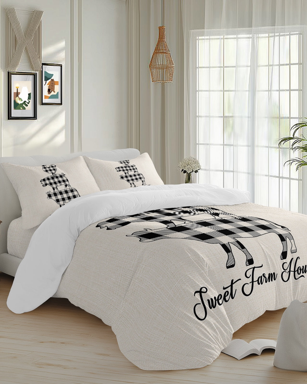 4 Piece Duvet Cover Set Queen, Farm Black White Plaid Cow Pig Chicken ...