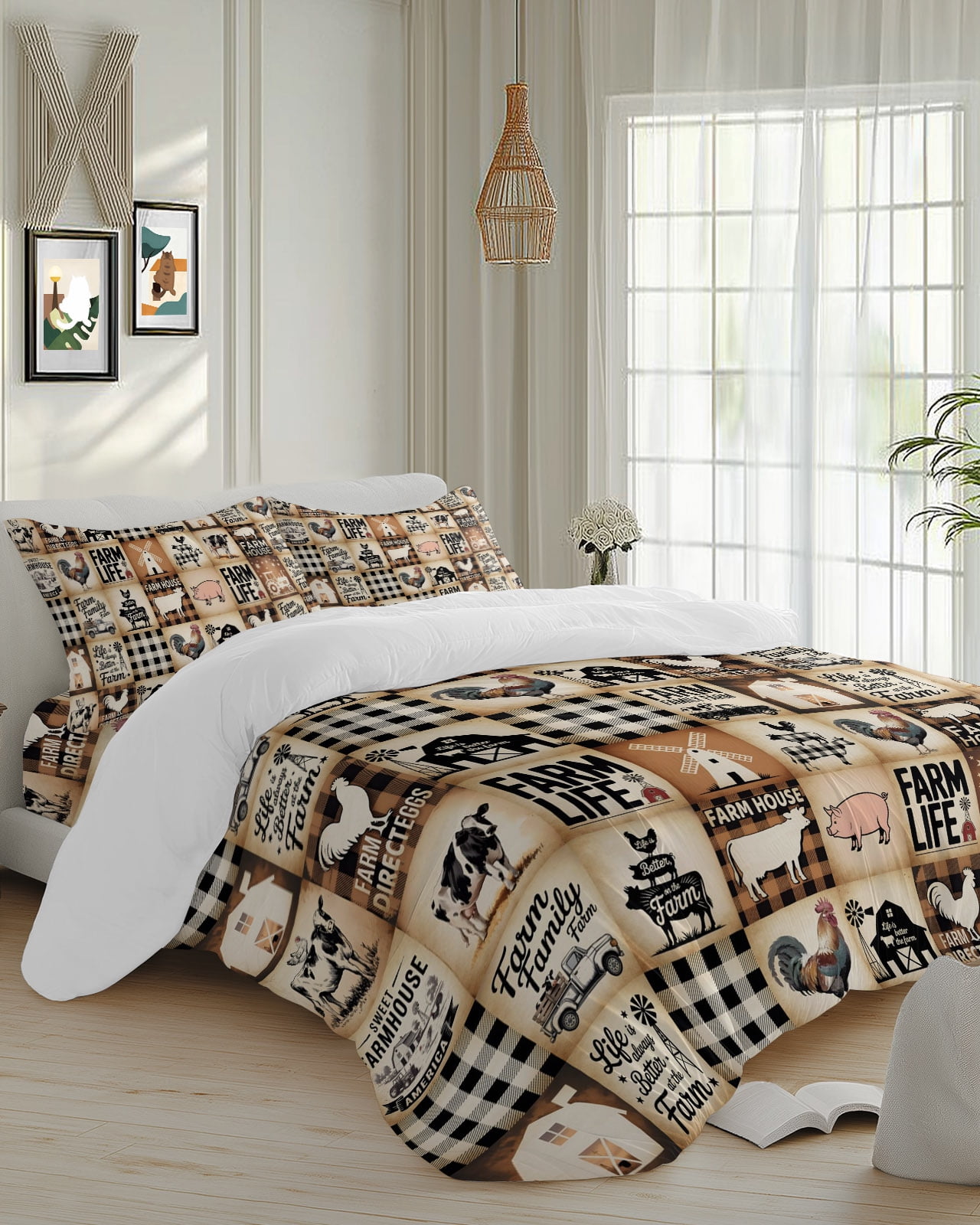 4 Piece Duvet Cover Set Queen, Farm Cow Chicken Pig Buffalo Plaid Soft ...