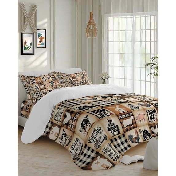 4 Piece Duvet Cover Set Queen, Farm Cow Chicken Pig Buffalo Plaid Soft ...