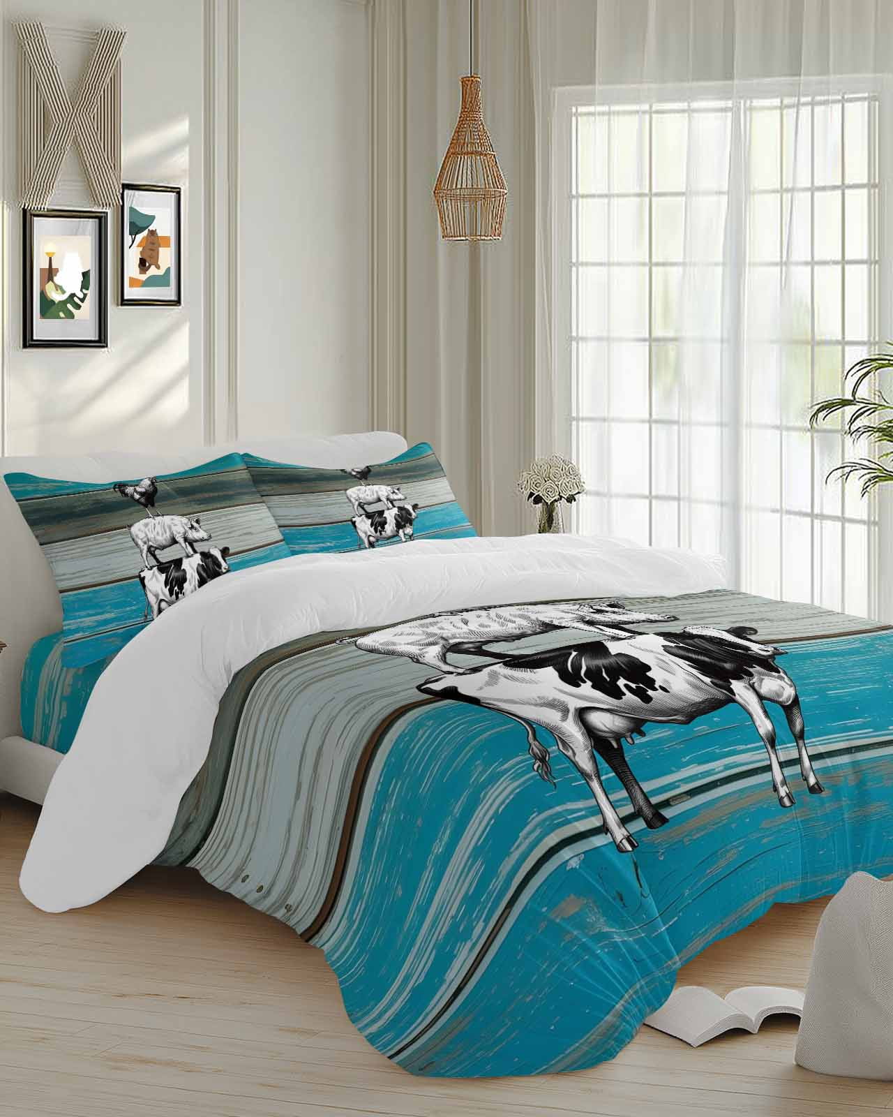 4 Piece Duvet Cover Set Queen, Farm Cow Pig Chick Animal Soft ...