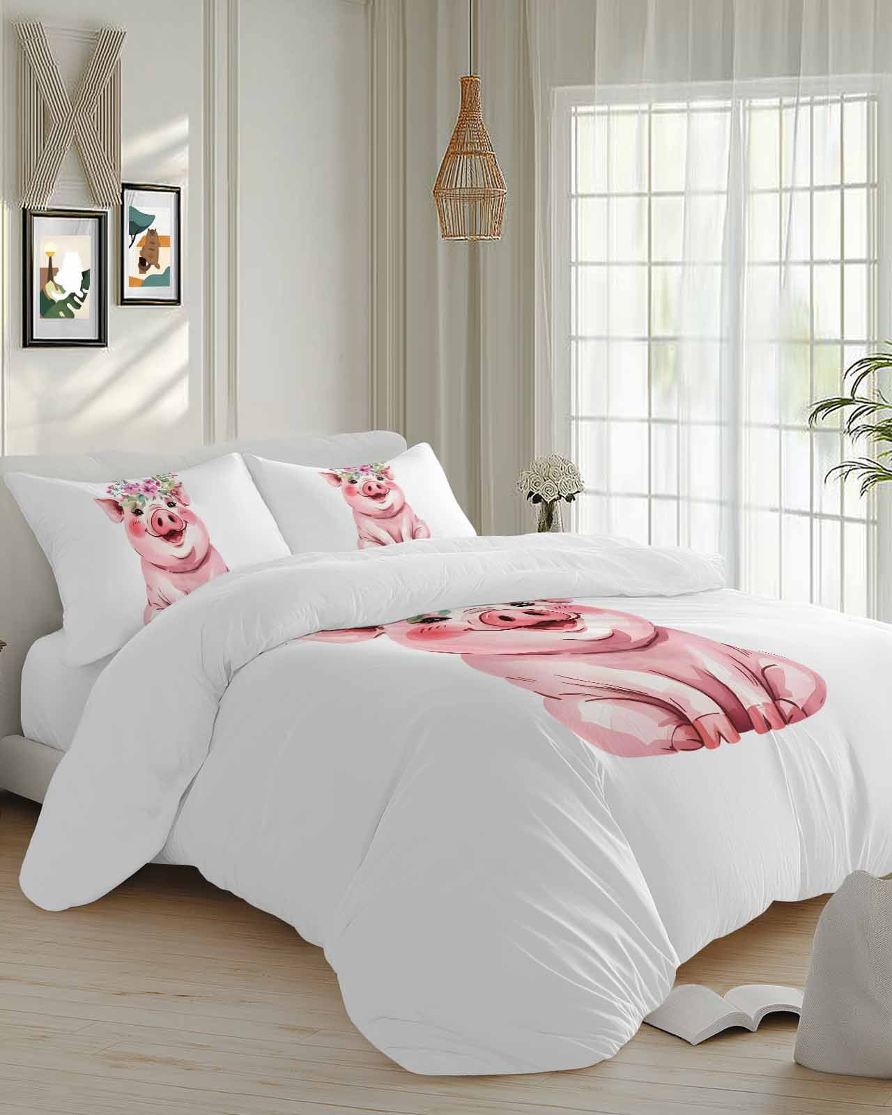 4 Piece Duvet Cover Set Queen, Farm Pink Pig Flower Soft Breathable ...