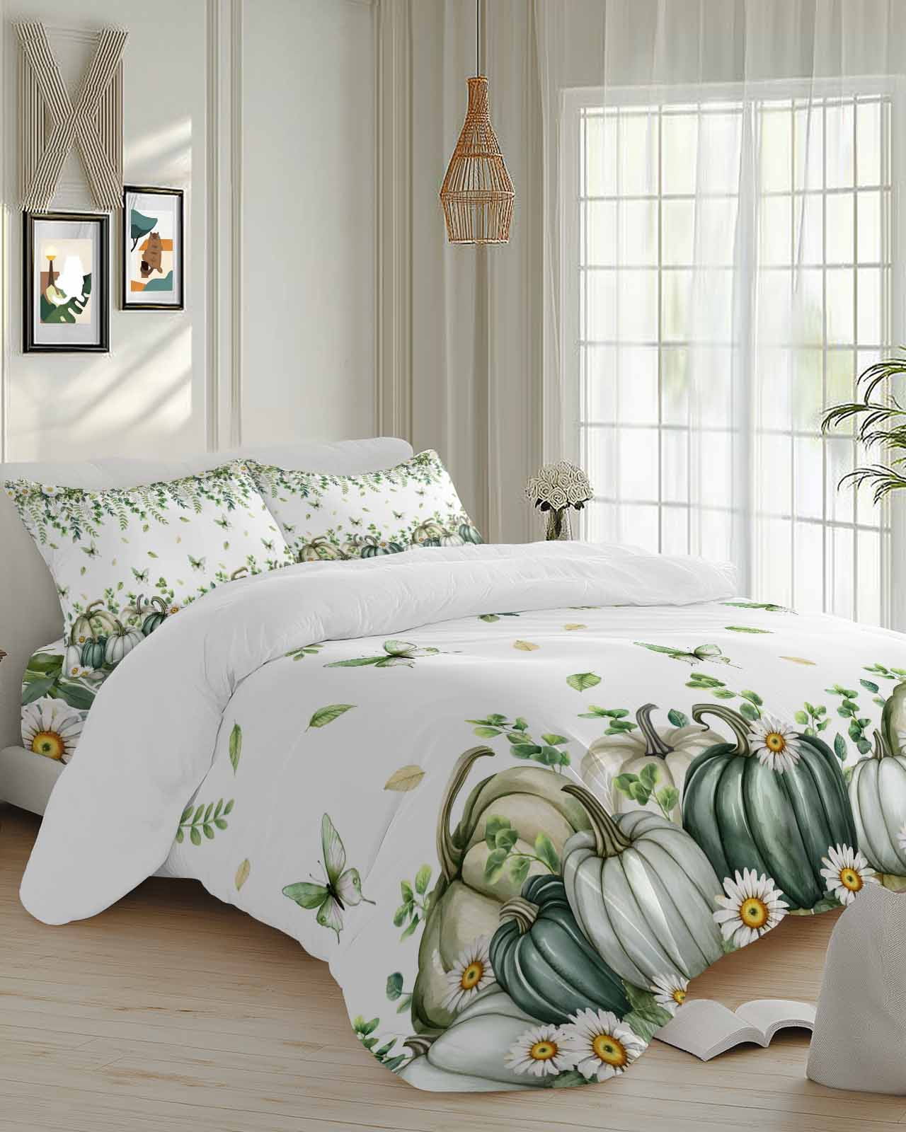 4 Piece Duvet Cover Set Queen, Farm Pumpkin Daisy Floral Eucalyptus ...