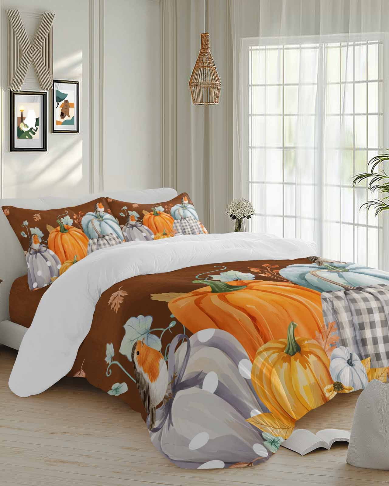 4 Piece Duvet Cover Set Queen, Farm Pumpkin Harvest Fall Thanksgiving ...