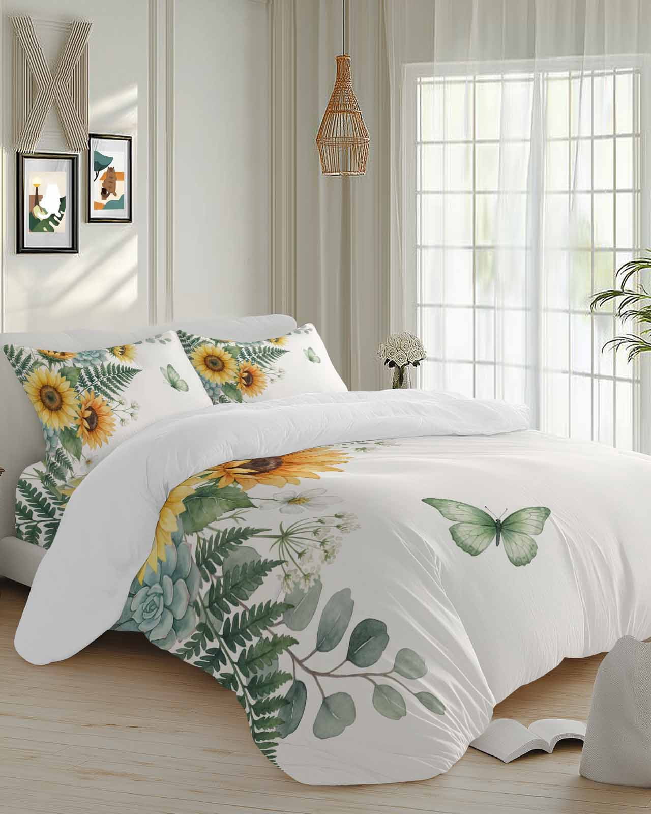 4 Piece Duvet Cover Set Queen, Farm Sunflower Eucalyptus Fern Soft ...