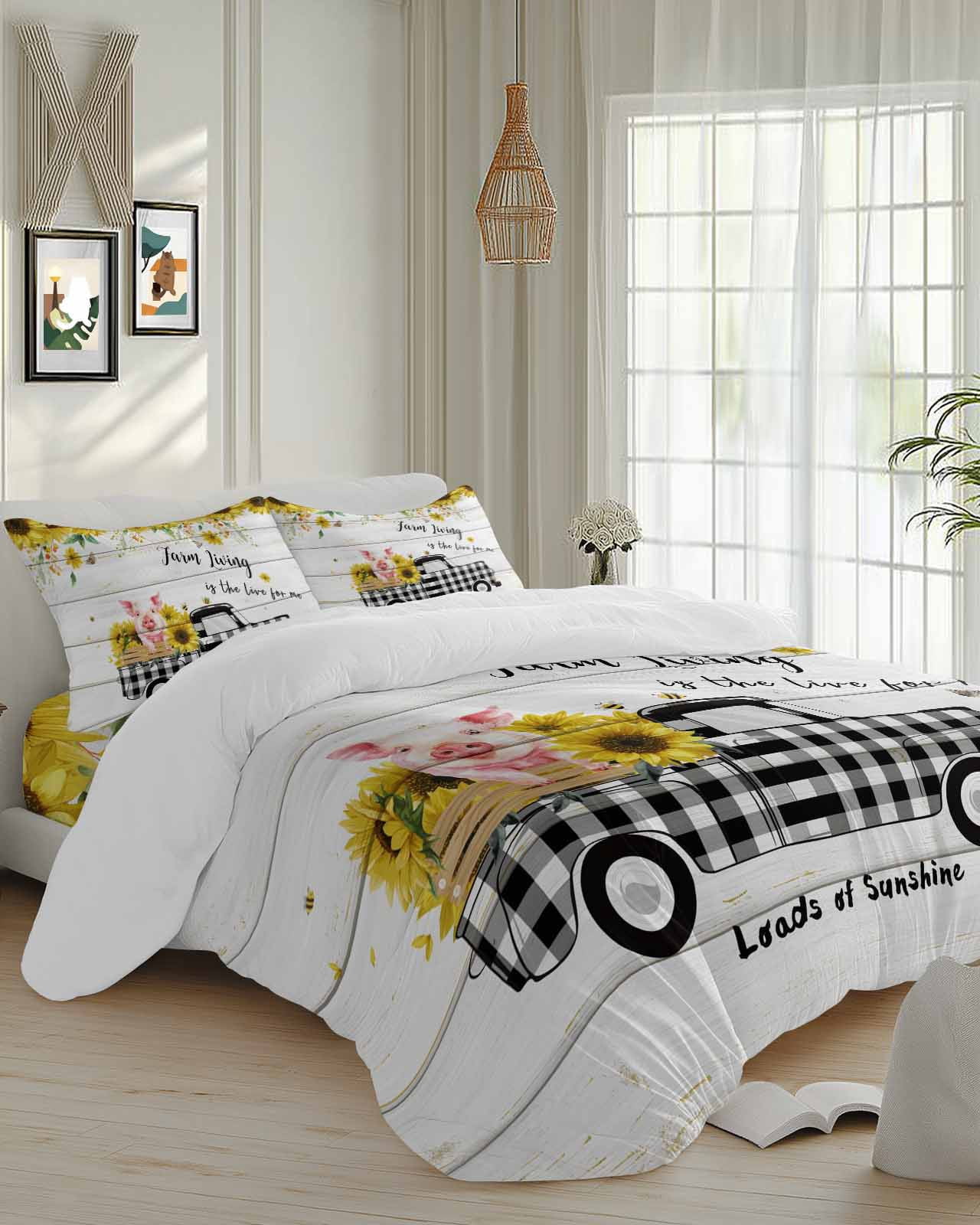 4 Piece Duvet Cover Set Queen, Farm Sunflowers on Top Soft Breathable ...