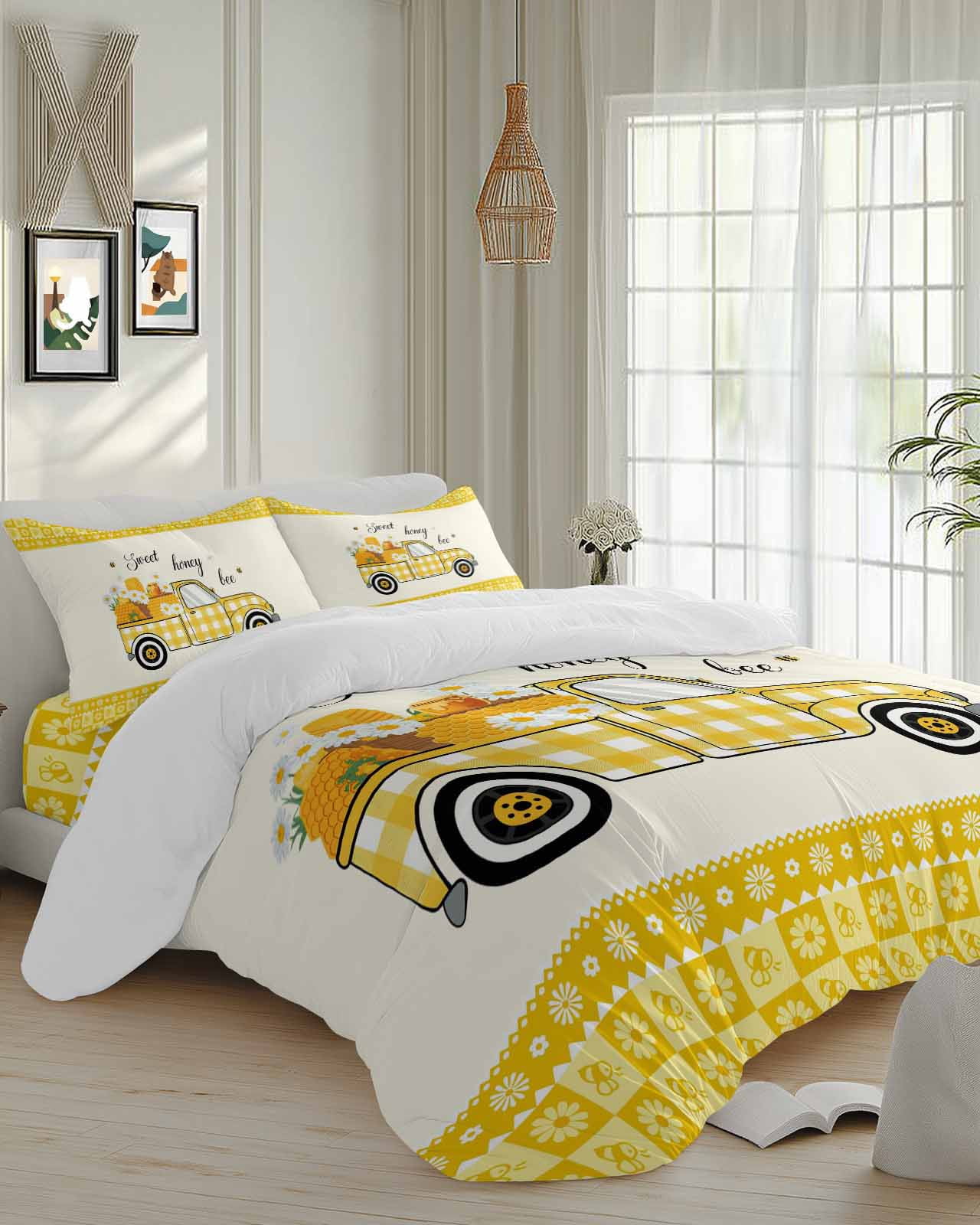 4 Piece Duvet Cover Set Queen, Farm Truck with Sweet Honey Bee and ...