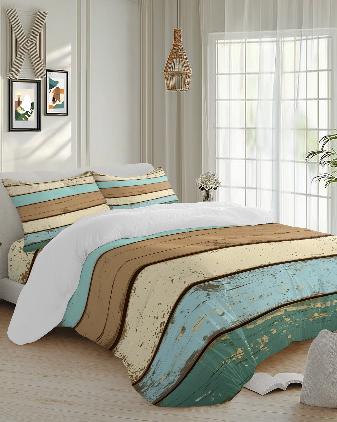 4 Piece Duvet Cover Set Queen, Farm Vintage Wood Board Soft Breathable ...