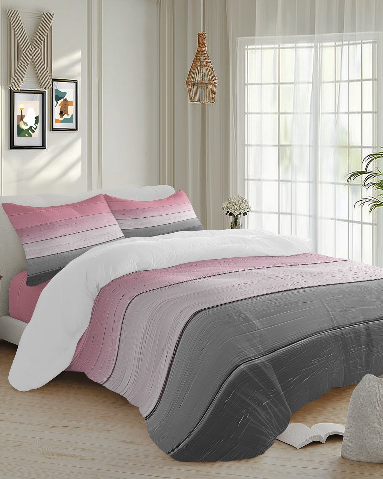 4 Piece Duvet Cover Set Queen, Farm Wood Board Pink Gradient Soft ...