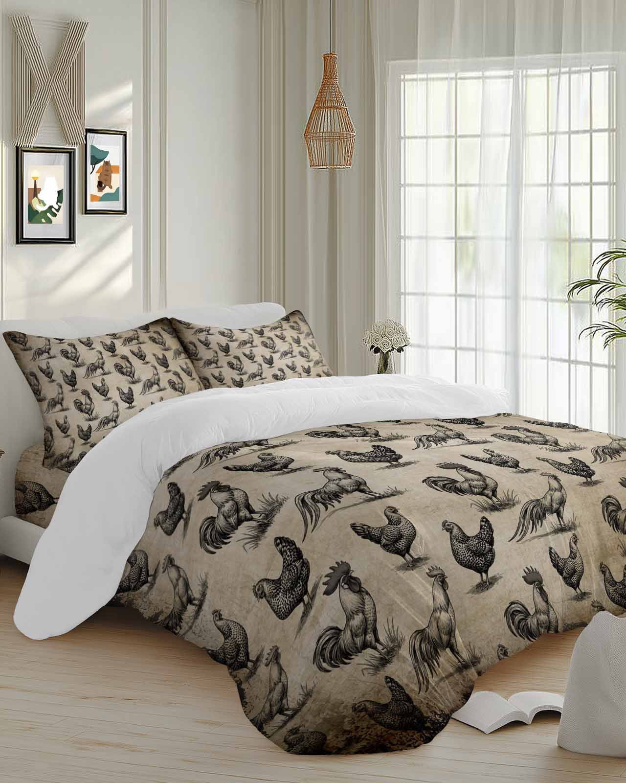 4 Piece Duvet Cover Set Queen, Farmhouse Animal Rooster Hen Soft ...