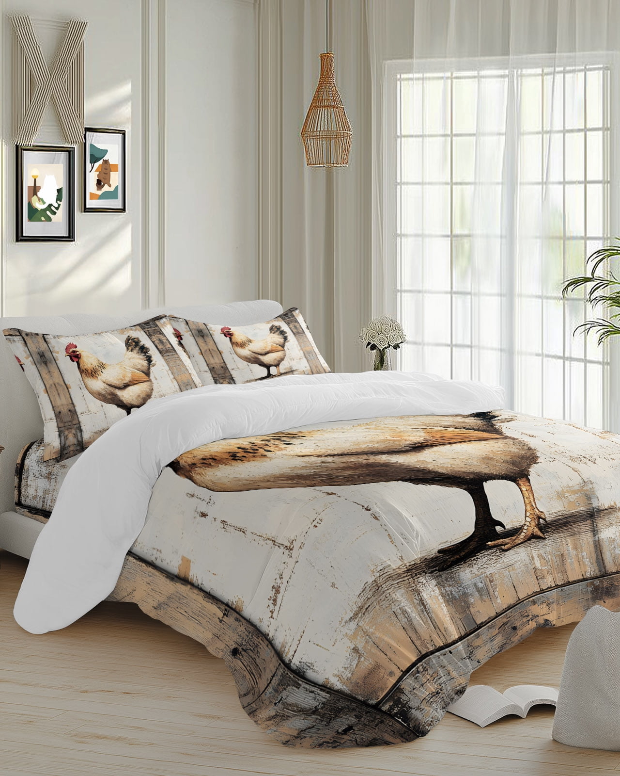 4 Piece Duvet Cover Set Queen, Farmhouse Chicken Wood Board Soft ...